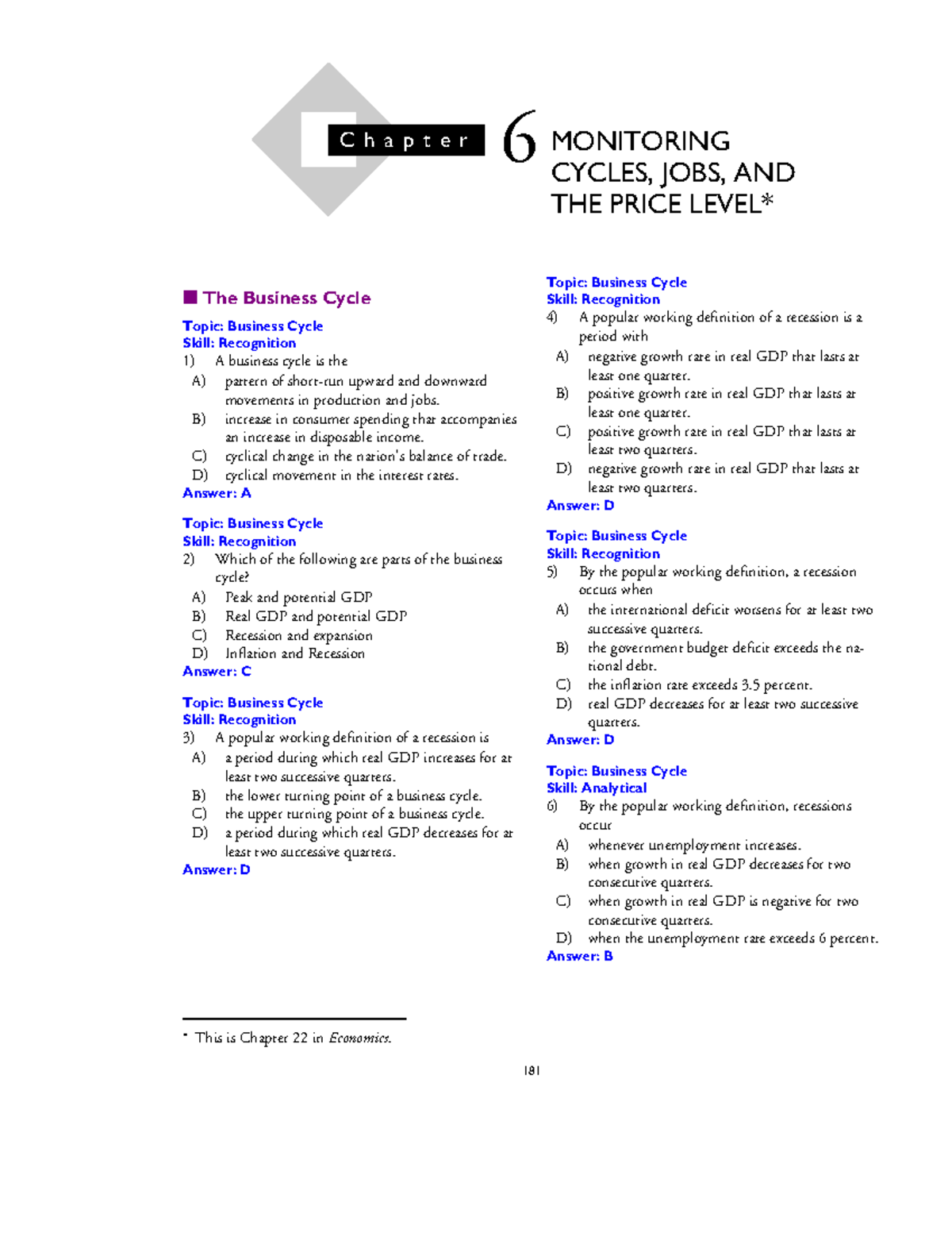 Business Cycle Practice Questions - 181 6 MONITORING CYCLES, JOBS, AND ...