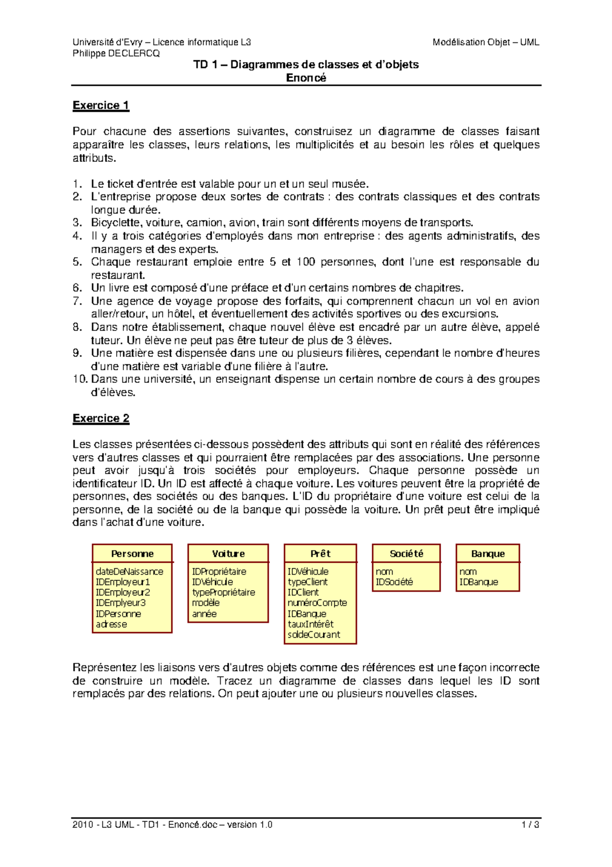 736787442010 l3 uml td1 enonce pdf - Université d’Evry – Licence informatique L3 Modélisation ...