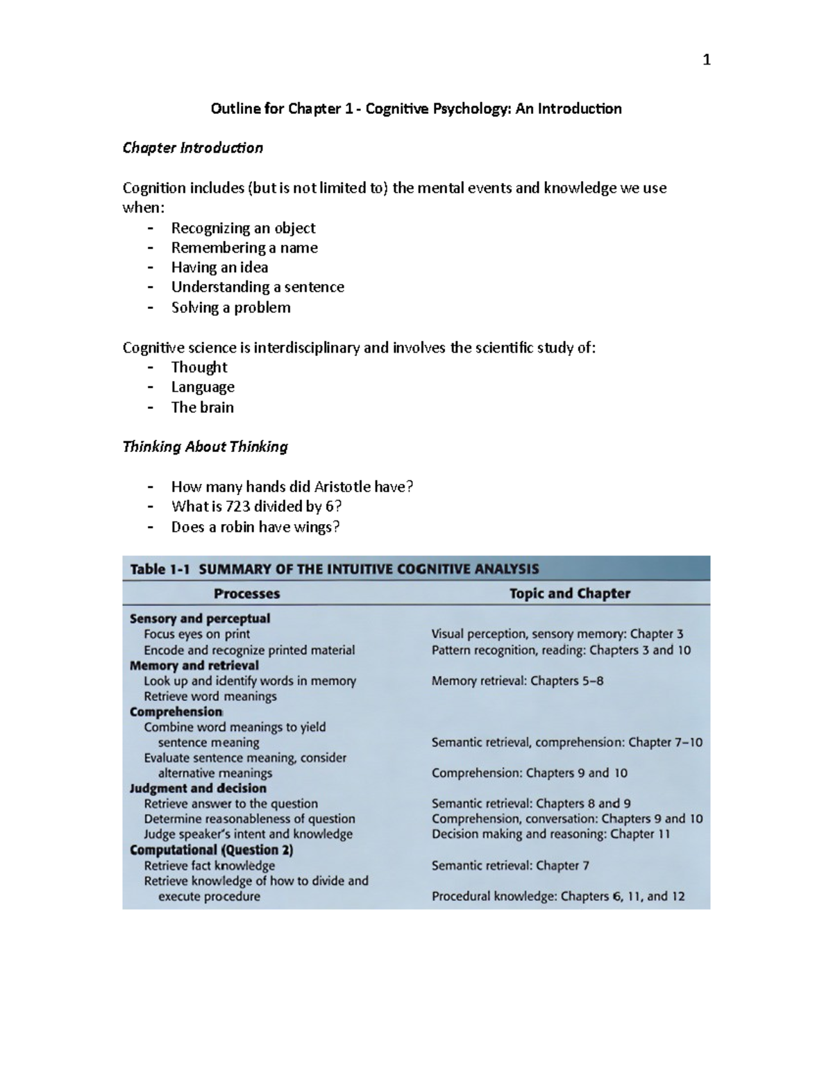 Chapter 1 Outline - Lecture notes 1 - Outline for Chapter 1 - Cognitive ...