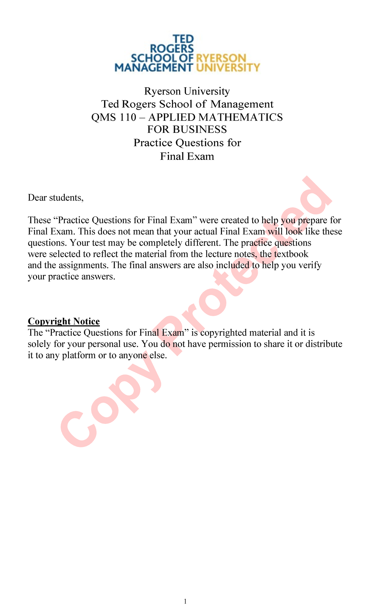 F2020-QMS119Practice Questions For Final Exam - Ryerson University Ted ...