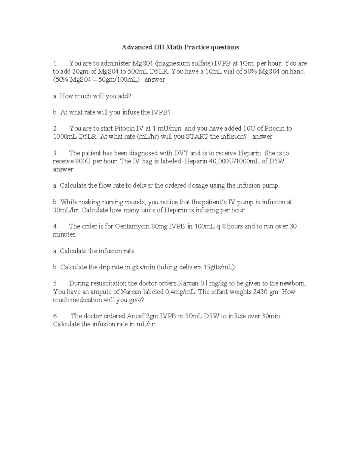 02 Advanced OB Math Worksheet - Advanced OB Math Practice questions You ...