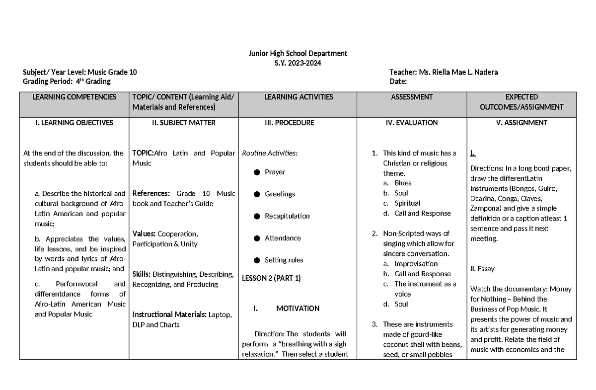 Afro Latin and Popular Music Lesson plan FOR ALL - Junior High School ...