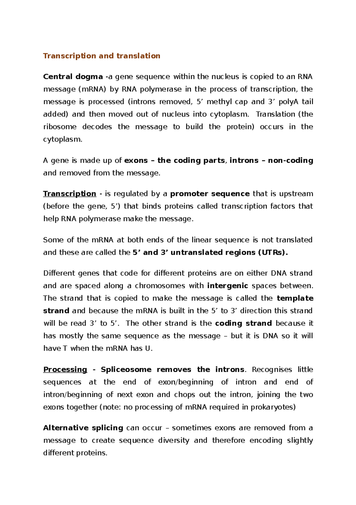 Week 9 summary - Tutorial - Transcription and translation Central dogma ...