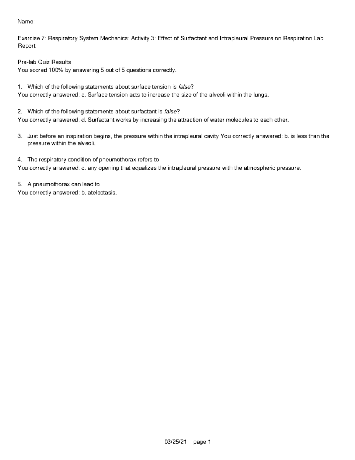 PhysioEx Exercise 7 Activity 3 home work - Name: Exercise 7 ...