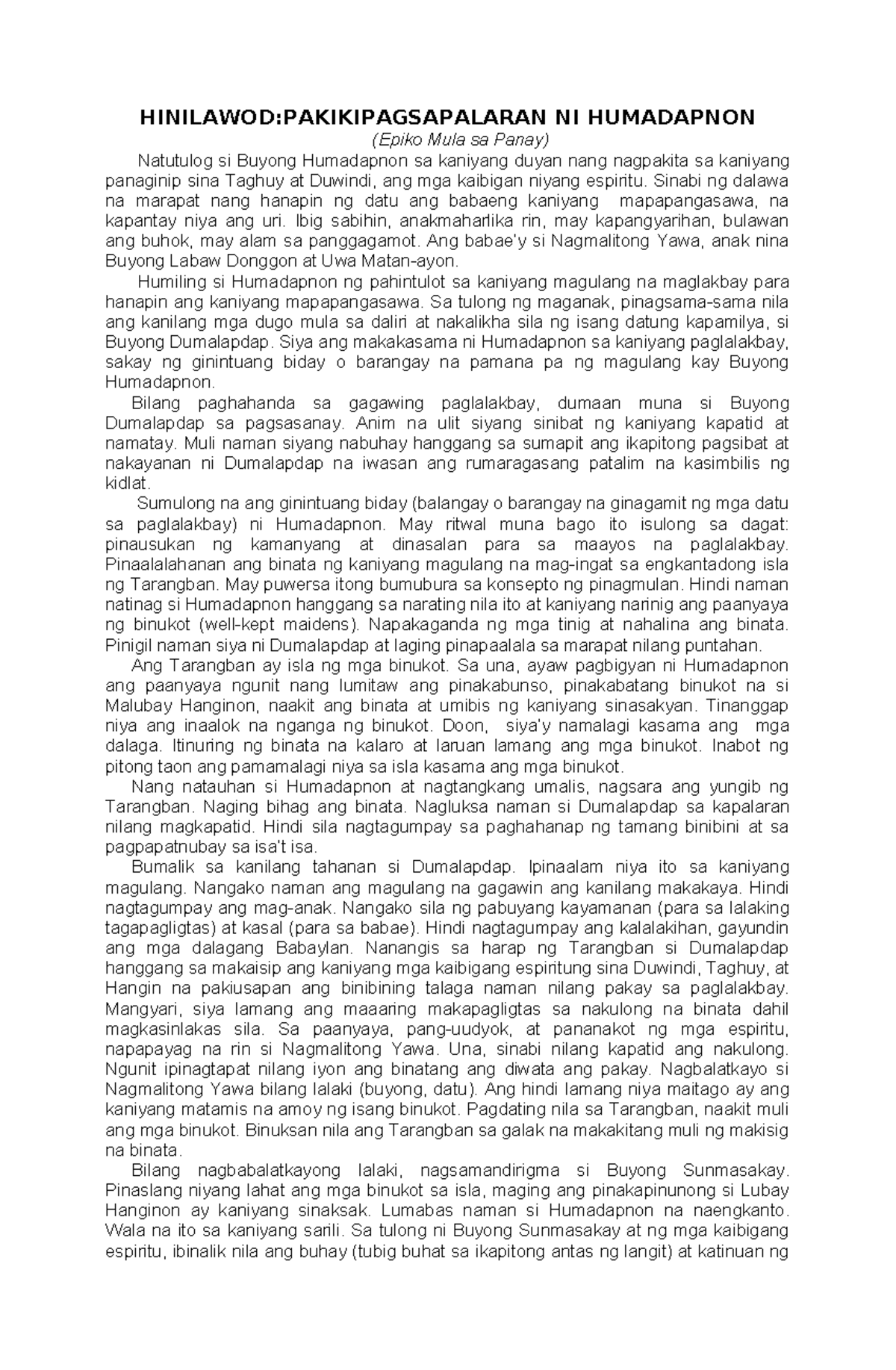 422600109- Maragtas - HINILAWOD:PAKIKIPAGSAPALARAN NI HUMADAPNON (Epiko ...