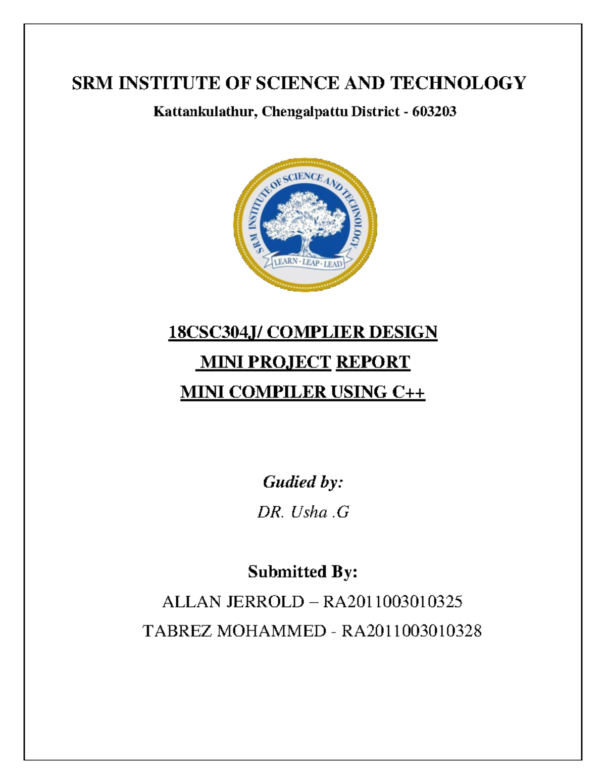 CD Mini Project Sample Report - SRM INSTITUTE OF SCIENCE AND TECHNOLOGY ...