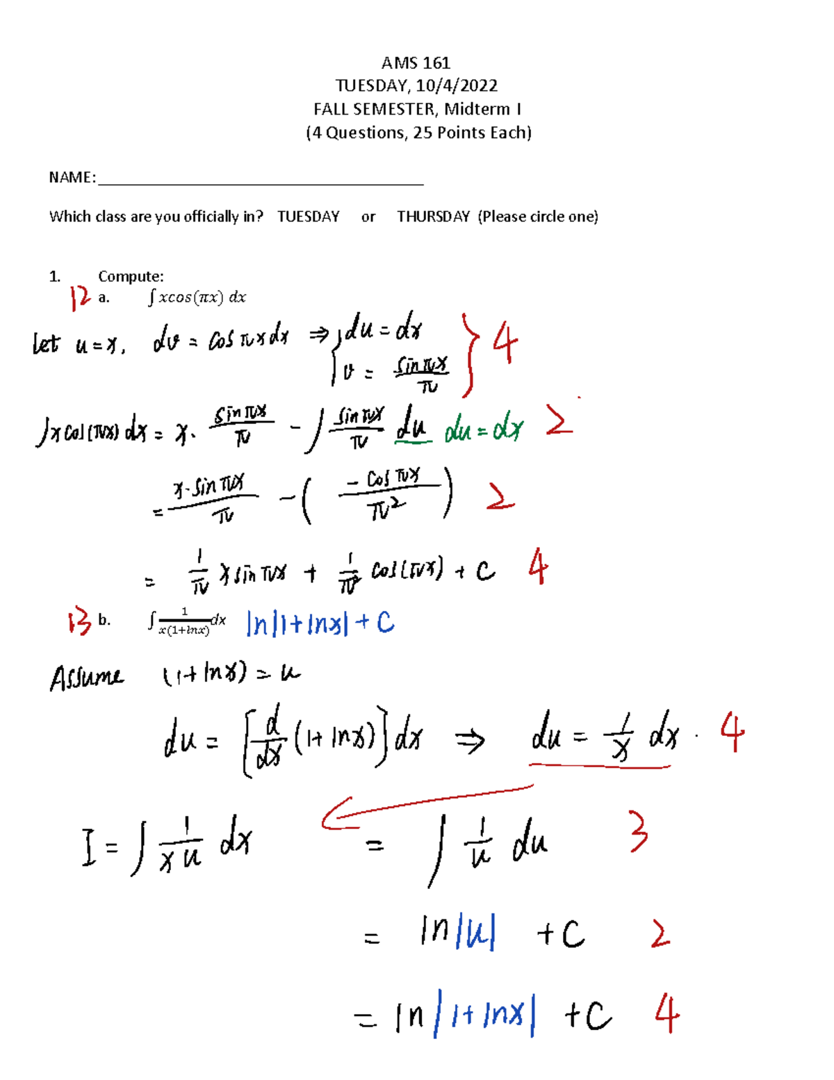 AMS 161 Midterm I V1 Ans - AMS 161 TUESDAY, 10/4/ FALL SEMESTER ...