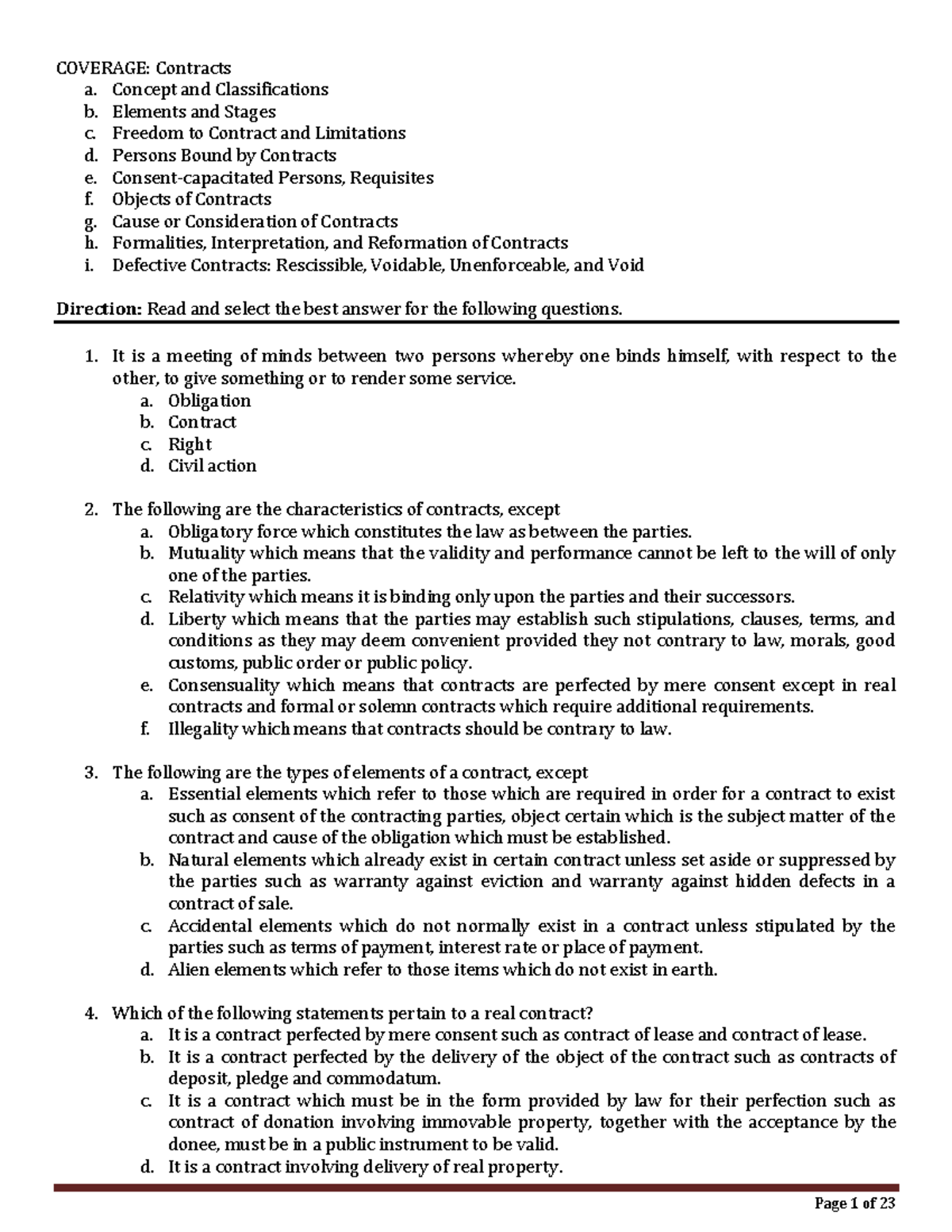 Contracts MCQ - law - COVERAGE: Contracts a. Concept and Classifications b. Elements and Stages ...