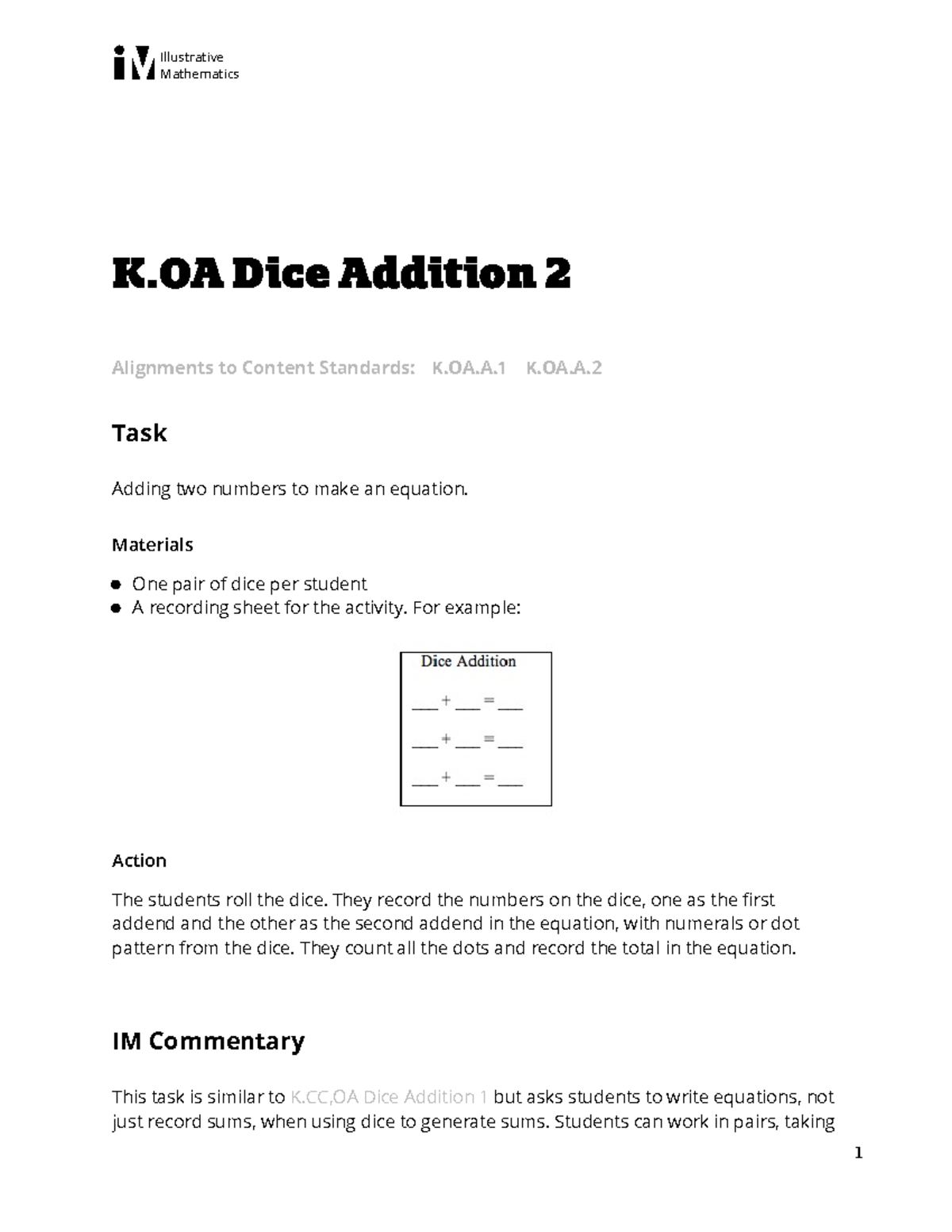 K.OA - some notes - K Dice Addition 2 Alignments to Content Standards ...