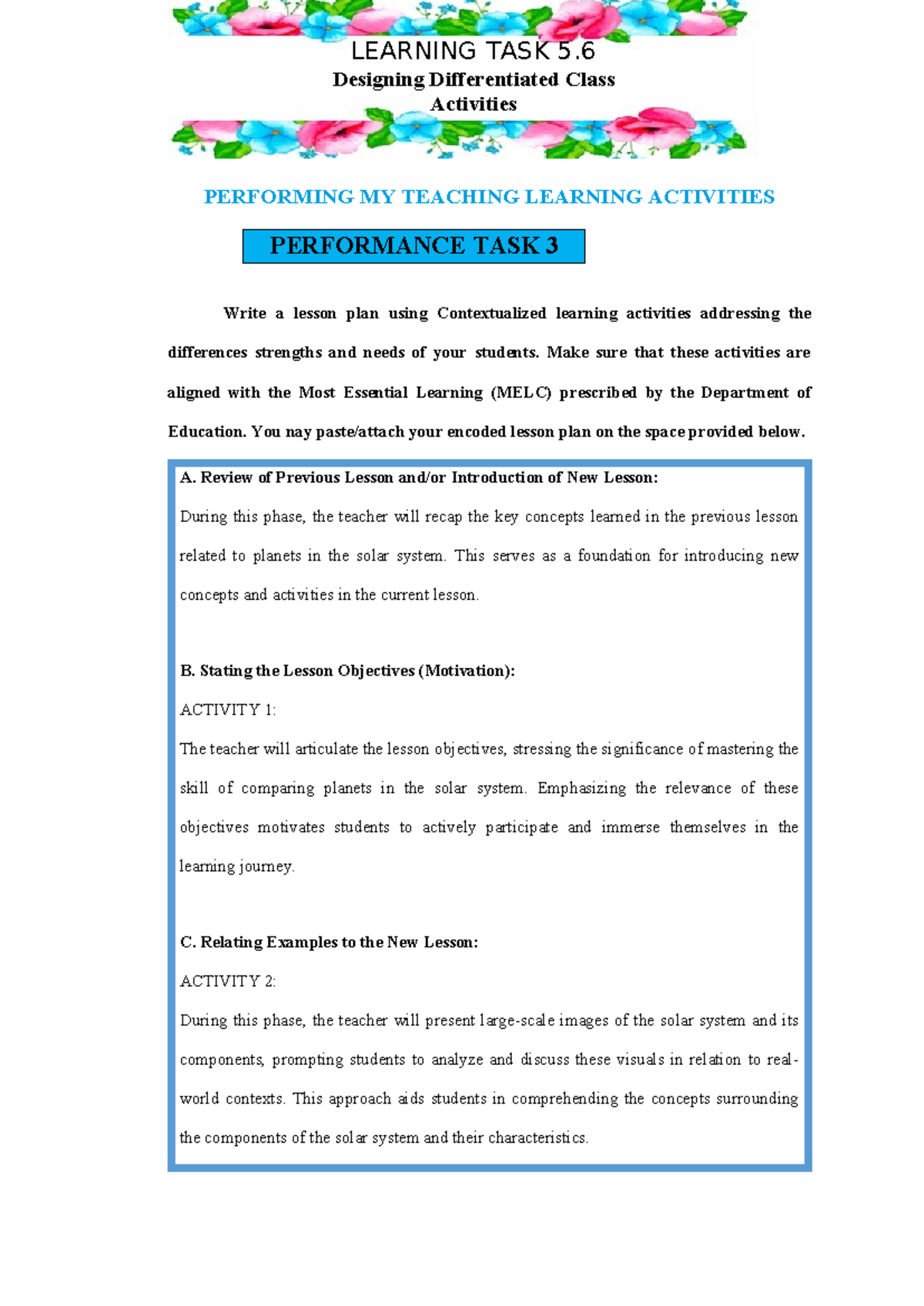 LT-5 - Designing Differentiated Class Activities PERFORMING MY TEACHING ...