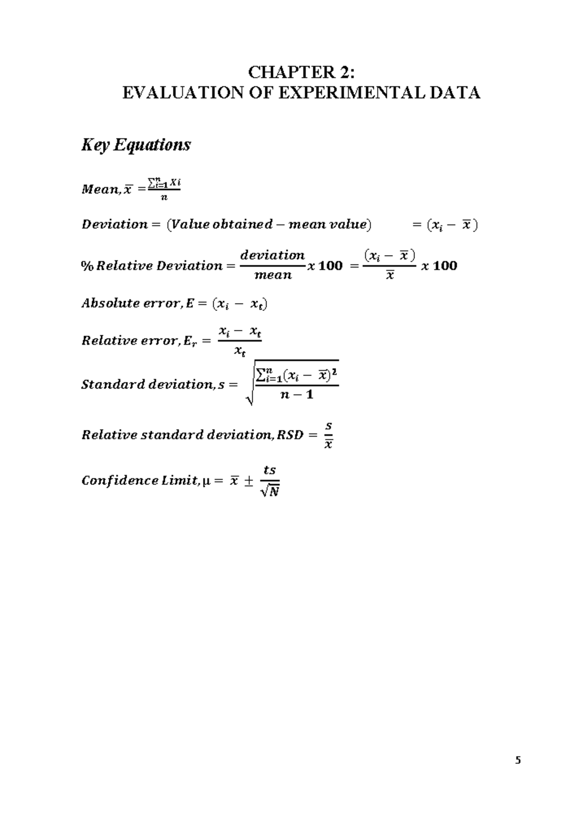 CHM256 Tutorial Chapter 2 - CHAPTER 2: EVALUATION OF EXPERIMENTAL DATA Key Equations 𝑴𝑴𝑴𝑴𝑴𝑴𝑴𝑴 ...