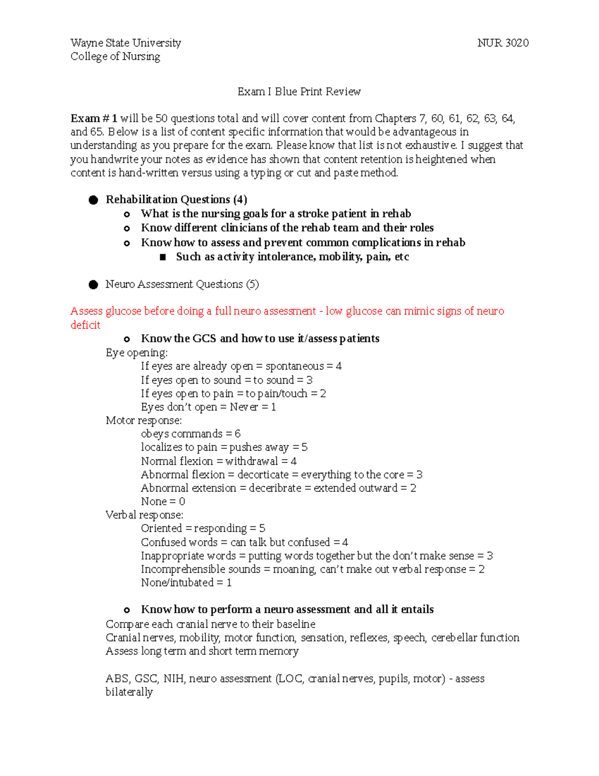 Exam #1 Blueprint - study guide - College of Nursing Exam I Blue Print ...