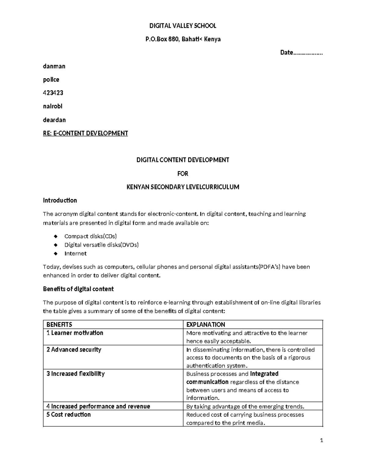 Digital Valley School - gsgsgs - DIGITAL VALLEY SCHOOL P.O 880, Bahati