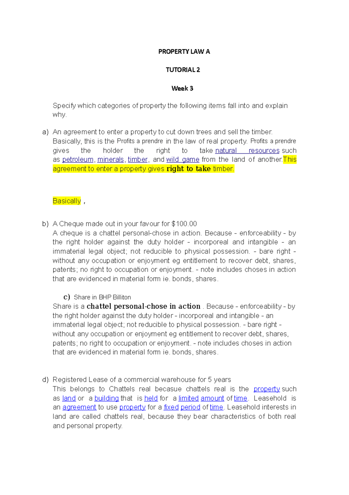 Tutorial 2 - PROPERTY LAW A TUTORIAL 2 Week 3 Specify which categories of property the following ...