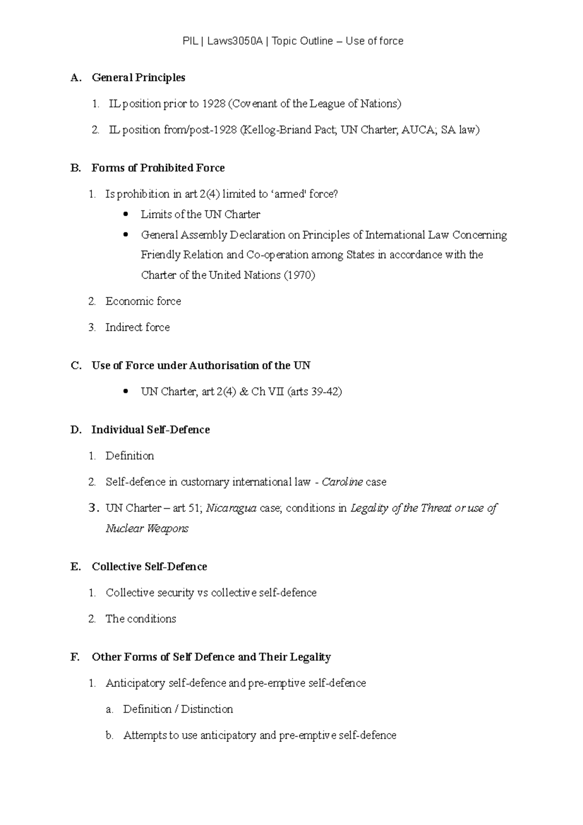 8a Topic outline - Use of force - PIL | Laws3050A | Topic Outline – Use ...