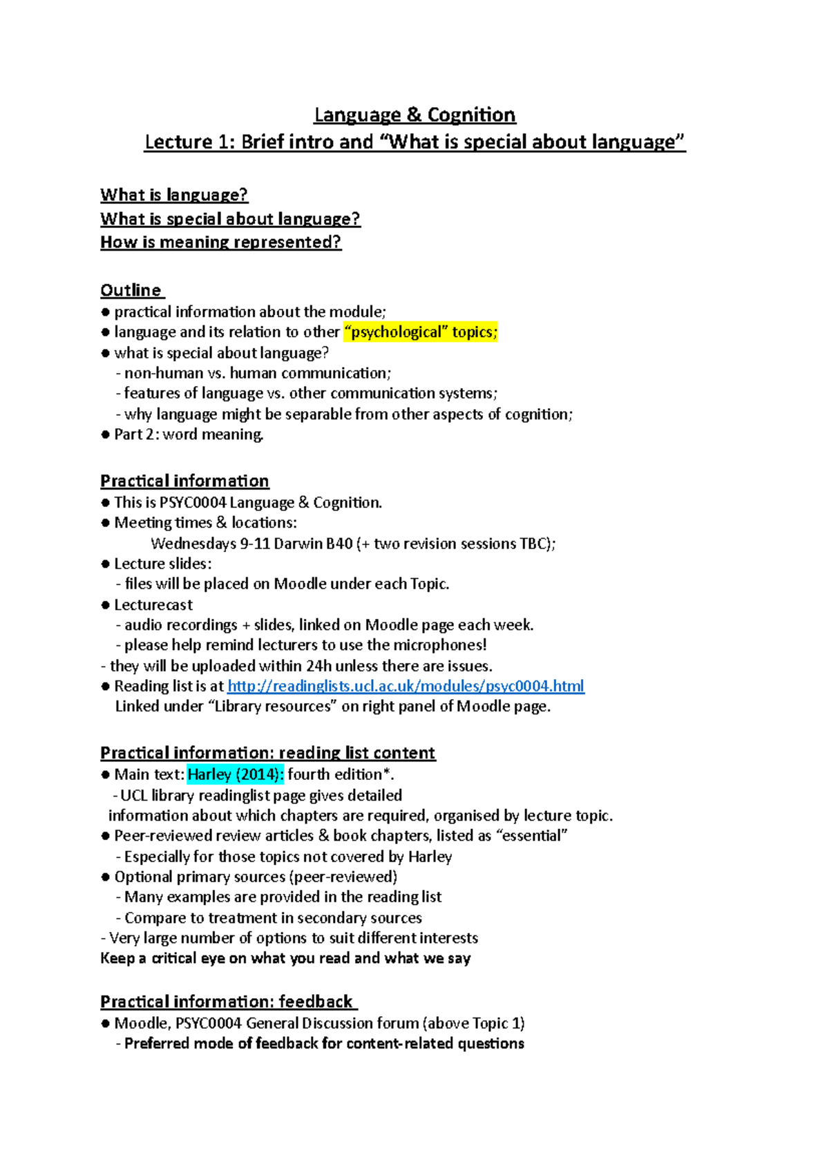 Lecture 1 - Language & Cognition Lecture 1: Brief intro and “What is ...