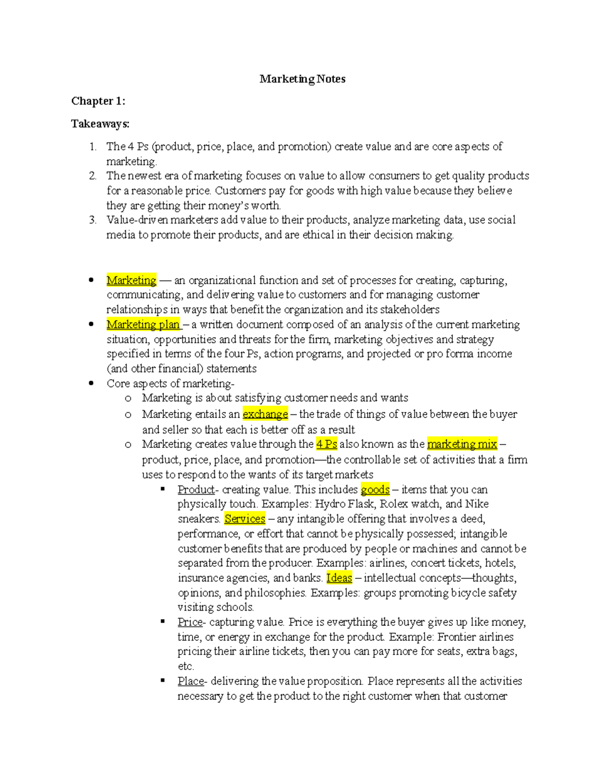 Chapter 1 Marketing Notes - Marketing Notes Chapter 1: Takeaways: The 4 ...