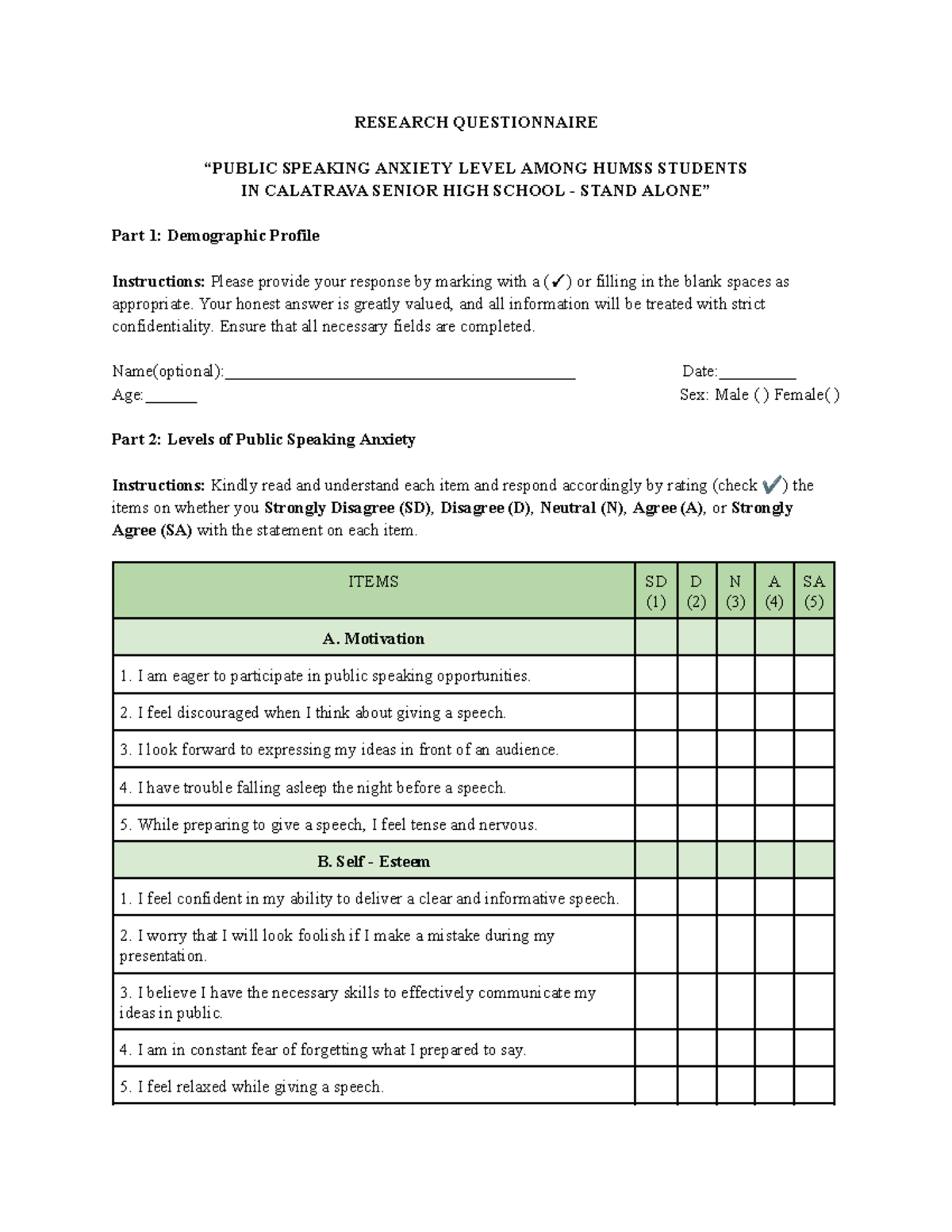 Research questionnaire - RESEARCH QUESTIONNAIRE “PUBLIC SPEAKING ...