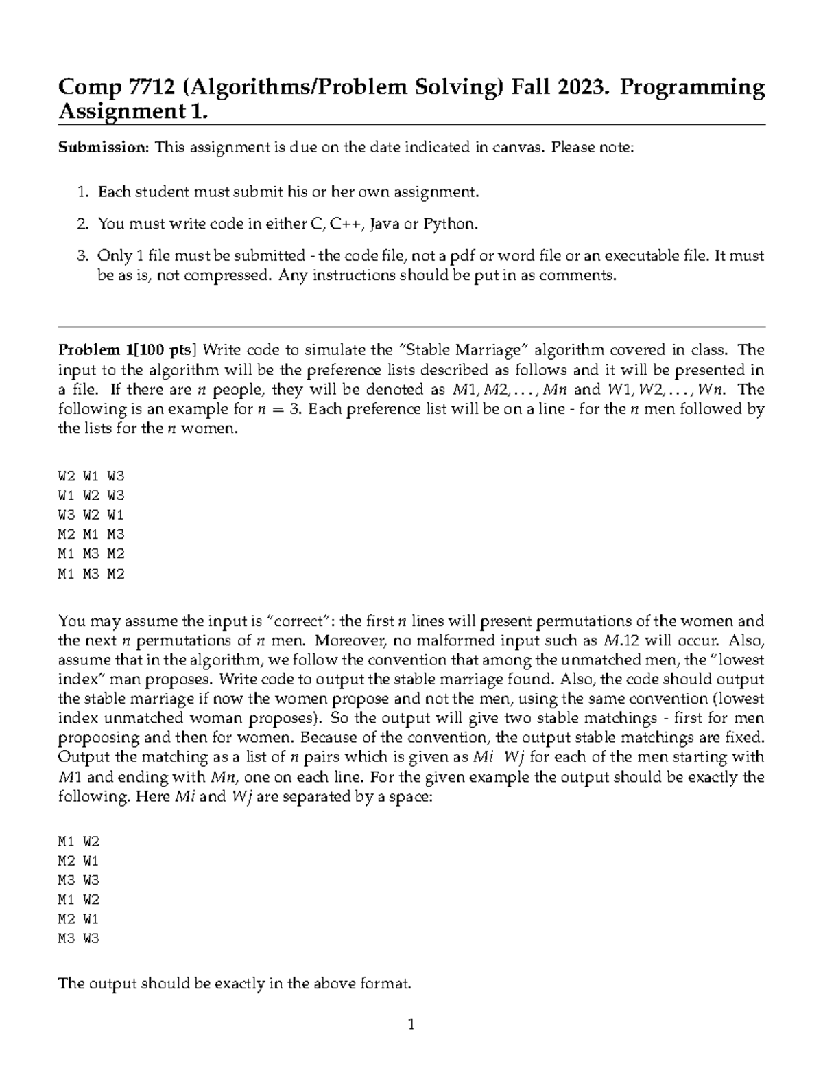 Pa1 - questions - Comp 7712 (Algorithms/Problem Solving) Fall 2023. Programming Assignment 1 ...