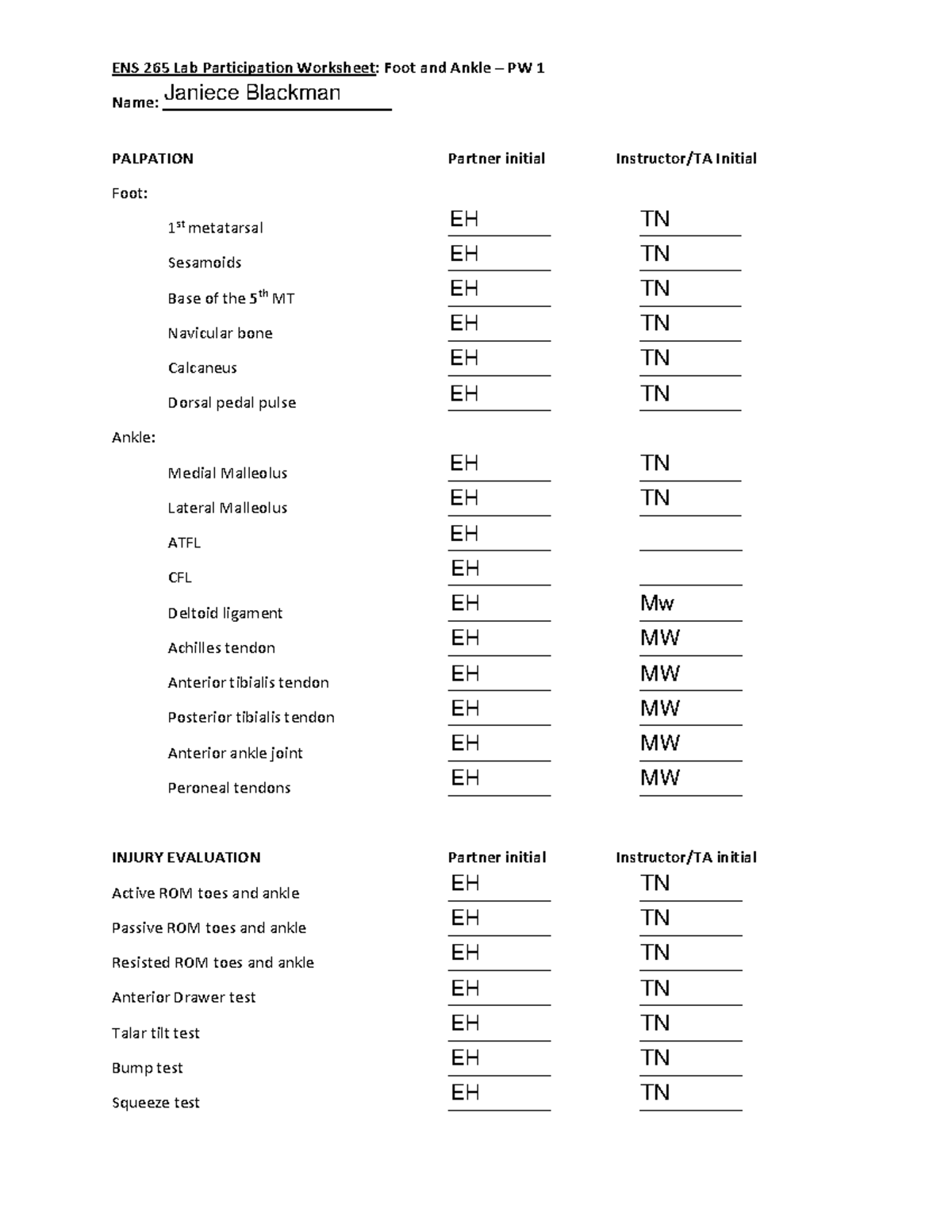 4 Ankle PW 1 2023 - ENS - ENS 265 Lab Participation Worksheet: Foot and ...