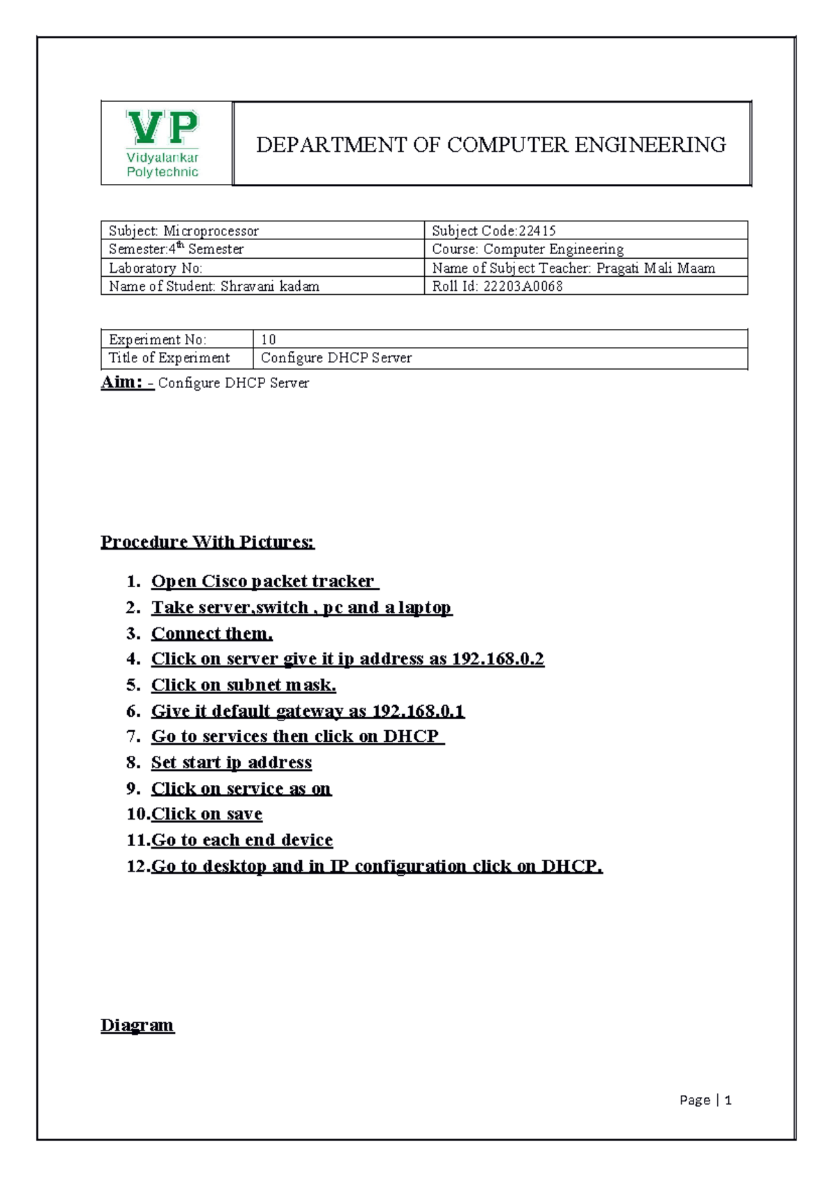 DCC Practical 10 - DEPARTMENT OF COMPUTER ENGINEERING Subject: Microprocessor Subject Code ...