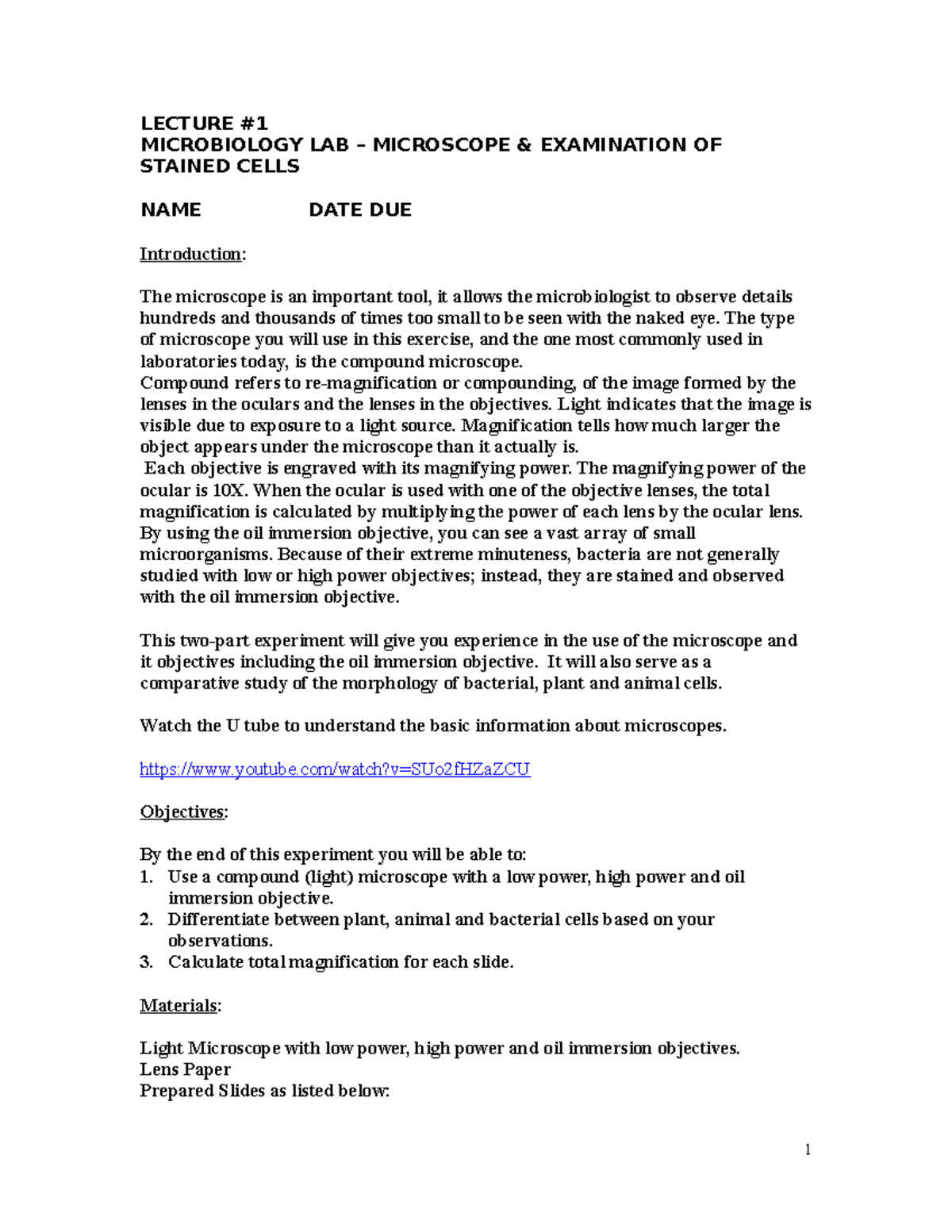 LAB #1 Micro - LECTURE MICROBIOLOGY LAB MICROSCOPE EXAMINATION OF ...