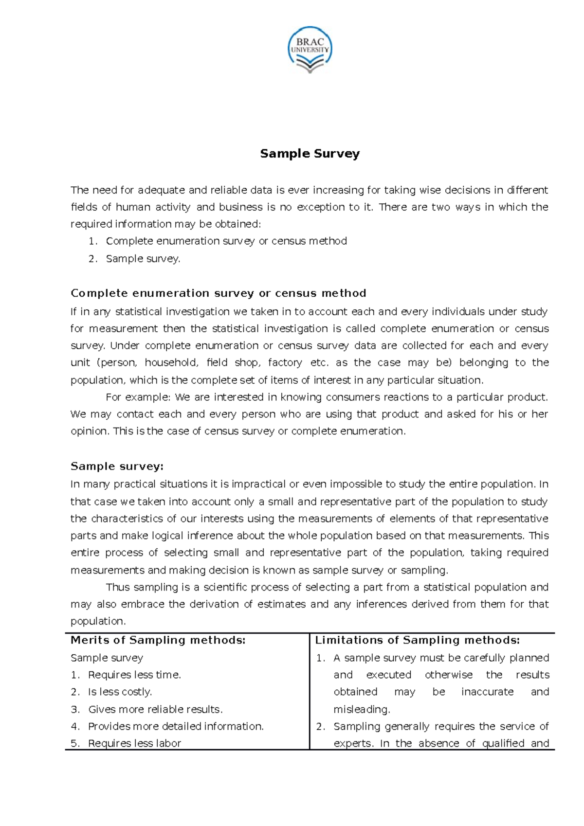 LS 04 Sampling - sta101 - Sample Survey The need for adequate and ...
