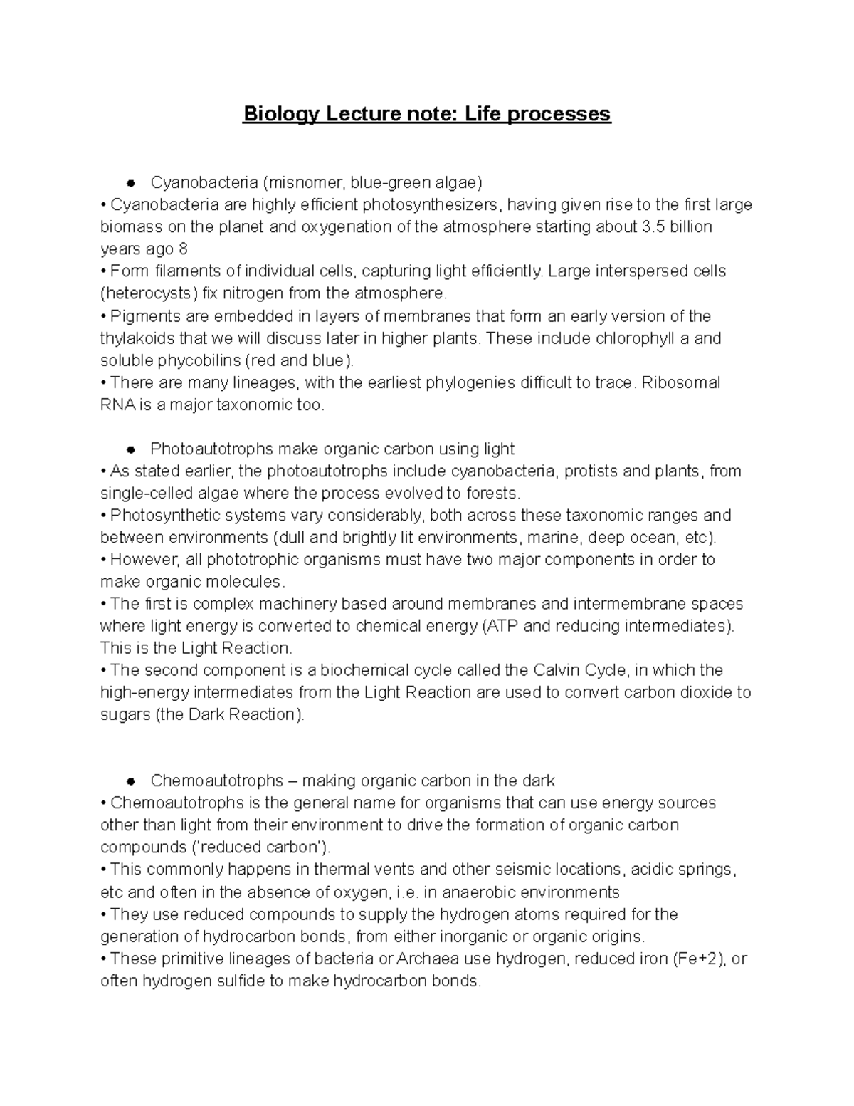 Lecture notes for Biology Life processes - Biology Lecture note: Life ...