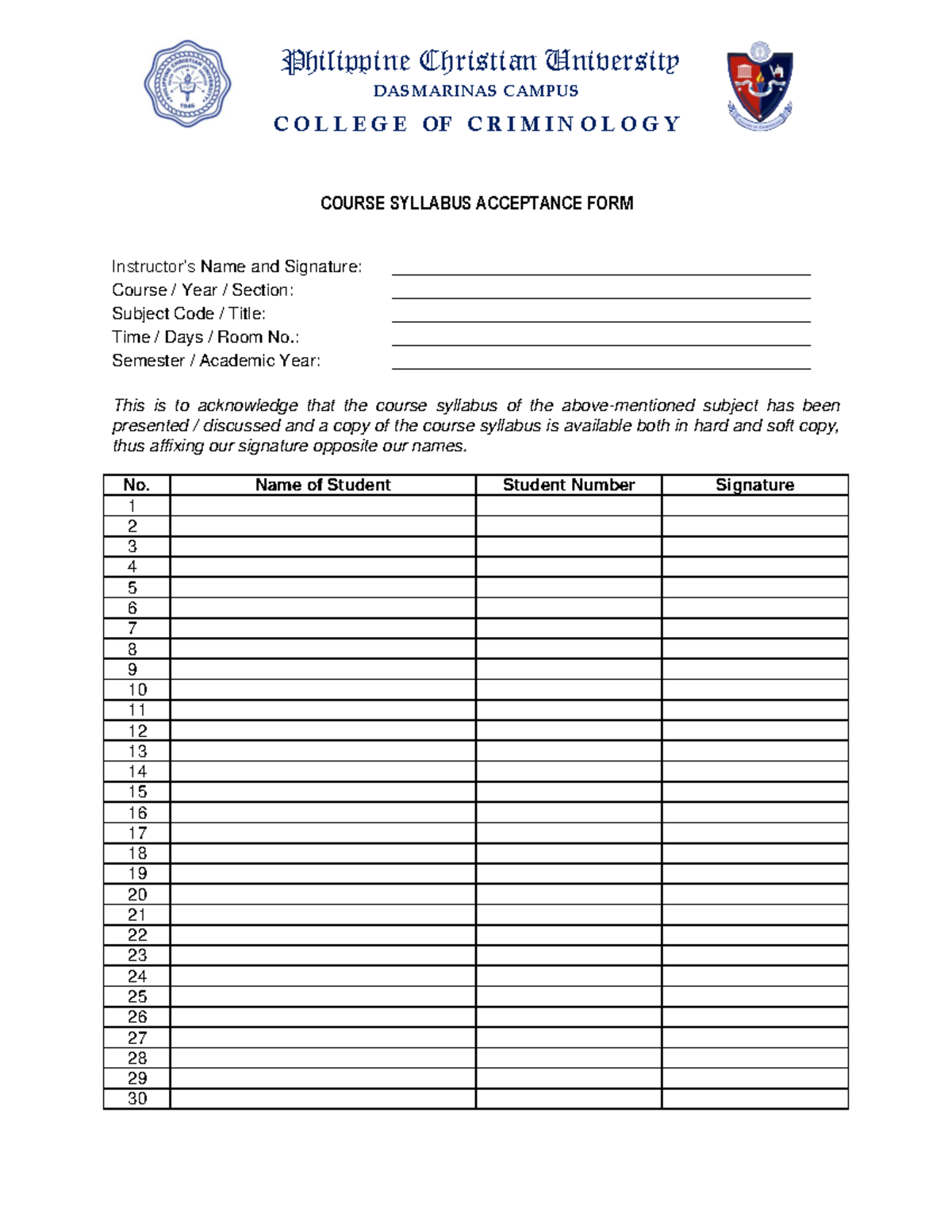 2. Syllabus Acceptance Form (Blank) - DASMARINAS CAMPUS C O L L E G E ...