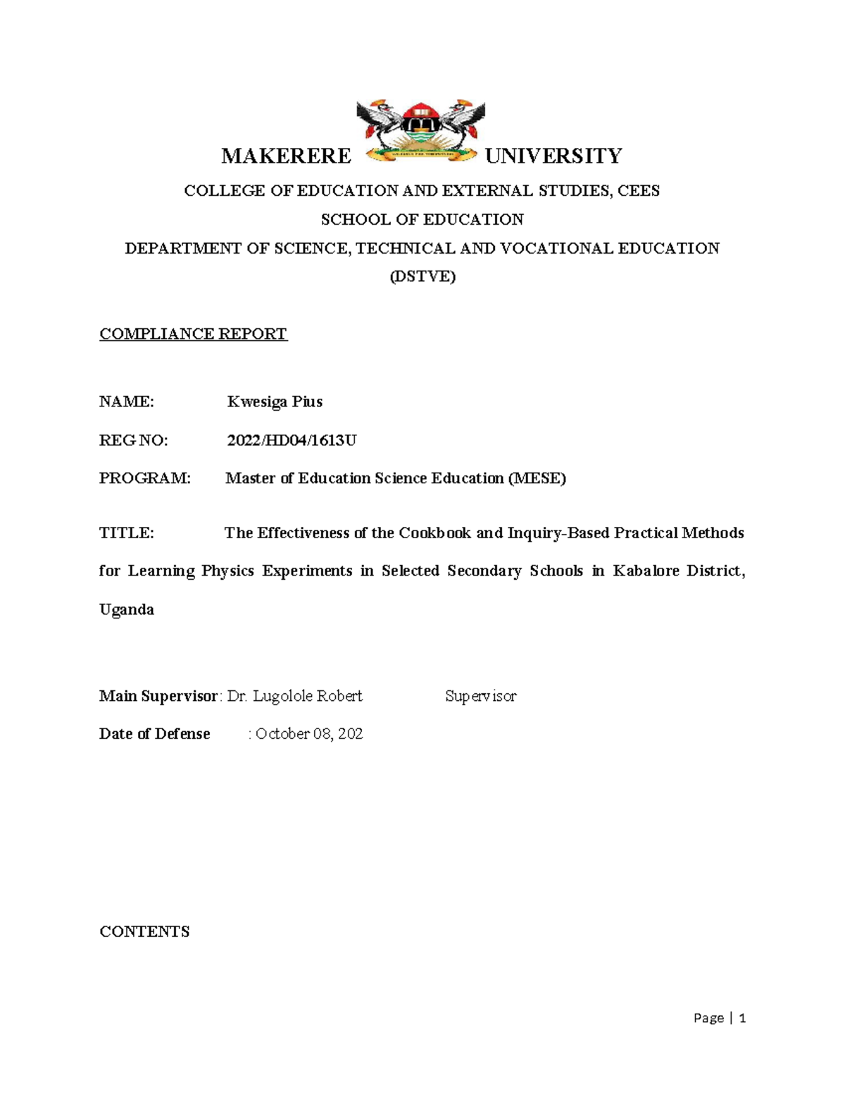Compliance Report - MAKERERE UNIVERSITY COLLEGE OF EDUCATION AND ...