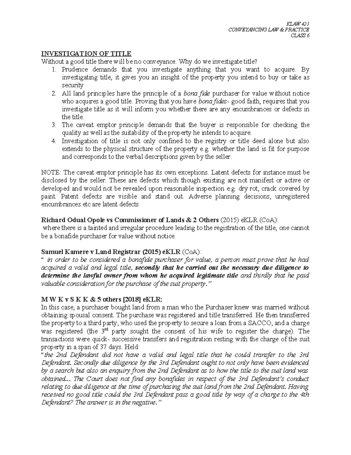 Lesson 3 - CONVEYANCING LAW & PRACTICE CLASS 6 INVESTIGATION OF TITLE ...