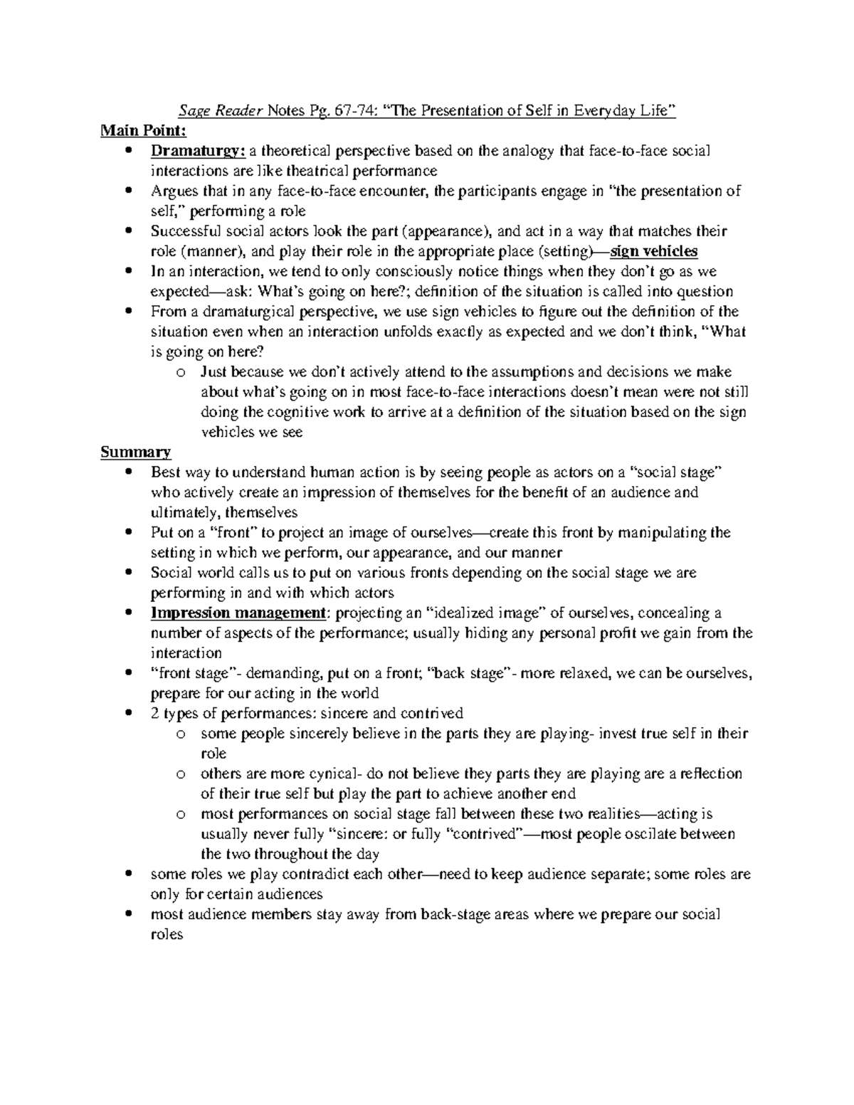 Sage Reader Notes- the presentation of self in everyday life - Sage ...