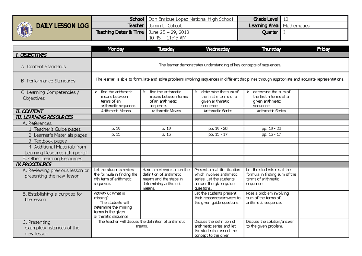 Sample Grade 10 DLL Q1W3 - DAILY LESSON LOG School Don Enrique Lopez ...