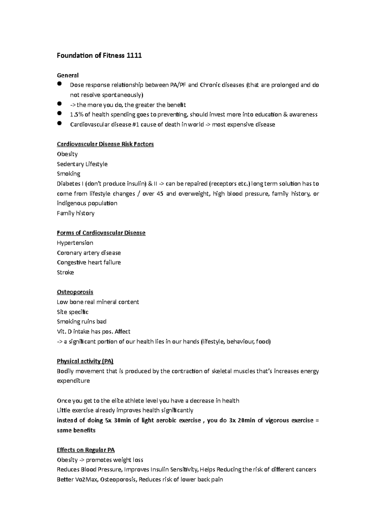 Week 1 Importance of PA - Notes - Foundation of Fitness 1111 General ...