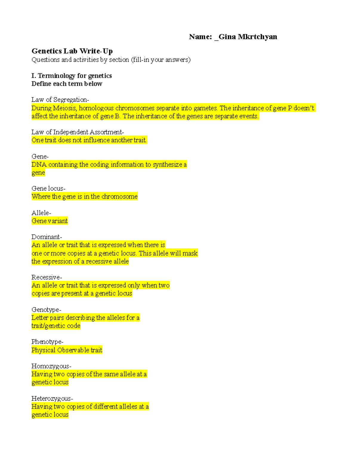 Genetics Write Up Summer 23 - Name: _Gina Mkrtchyan Genetics Lab Write ...