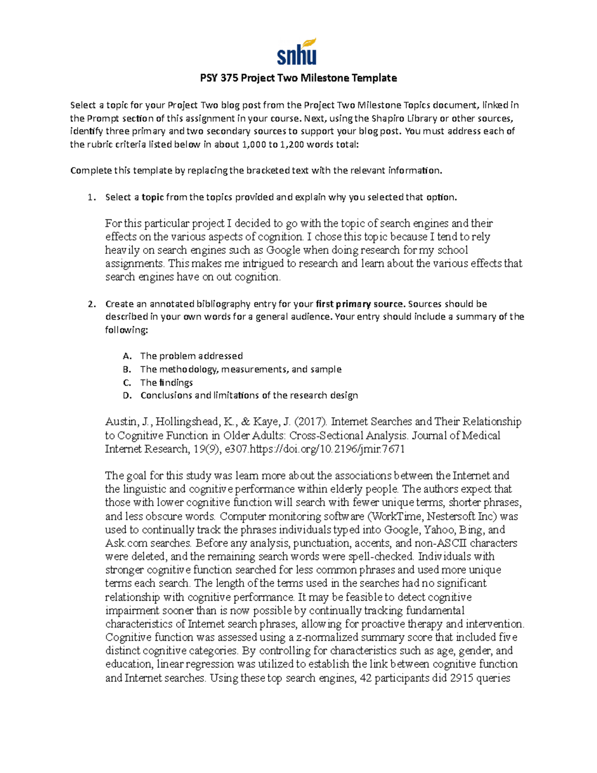 PSY-375 5-2 Project Two Milestone - Next, using the Shapiro Library or ...