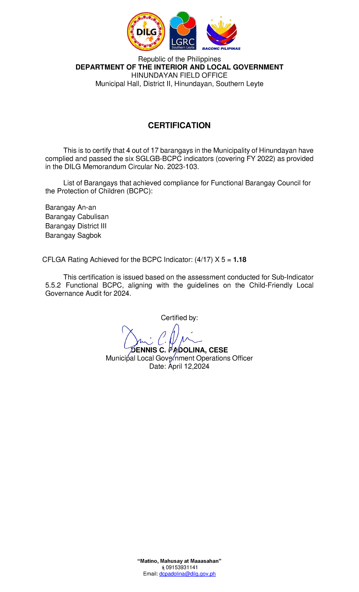 Cflga 2023 certification BCPC - “Matino, Mahusay at Maaasahan ...