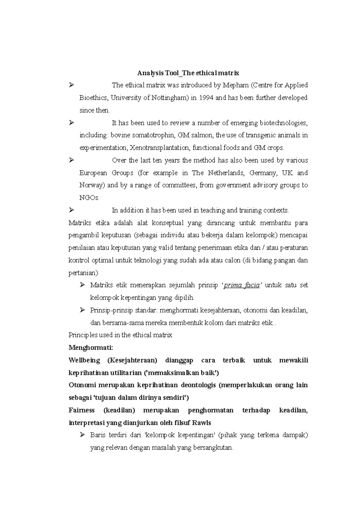 Analysis Tool The ethical matrix - Analysis Tool_The ethical matrix The ...