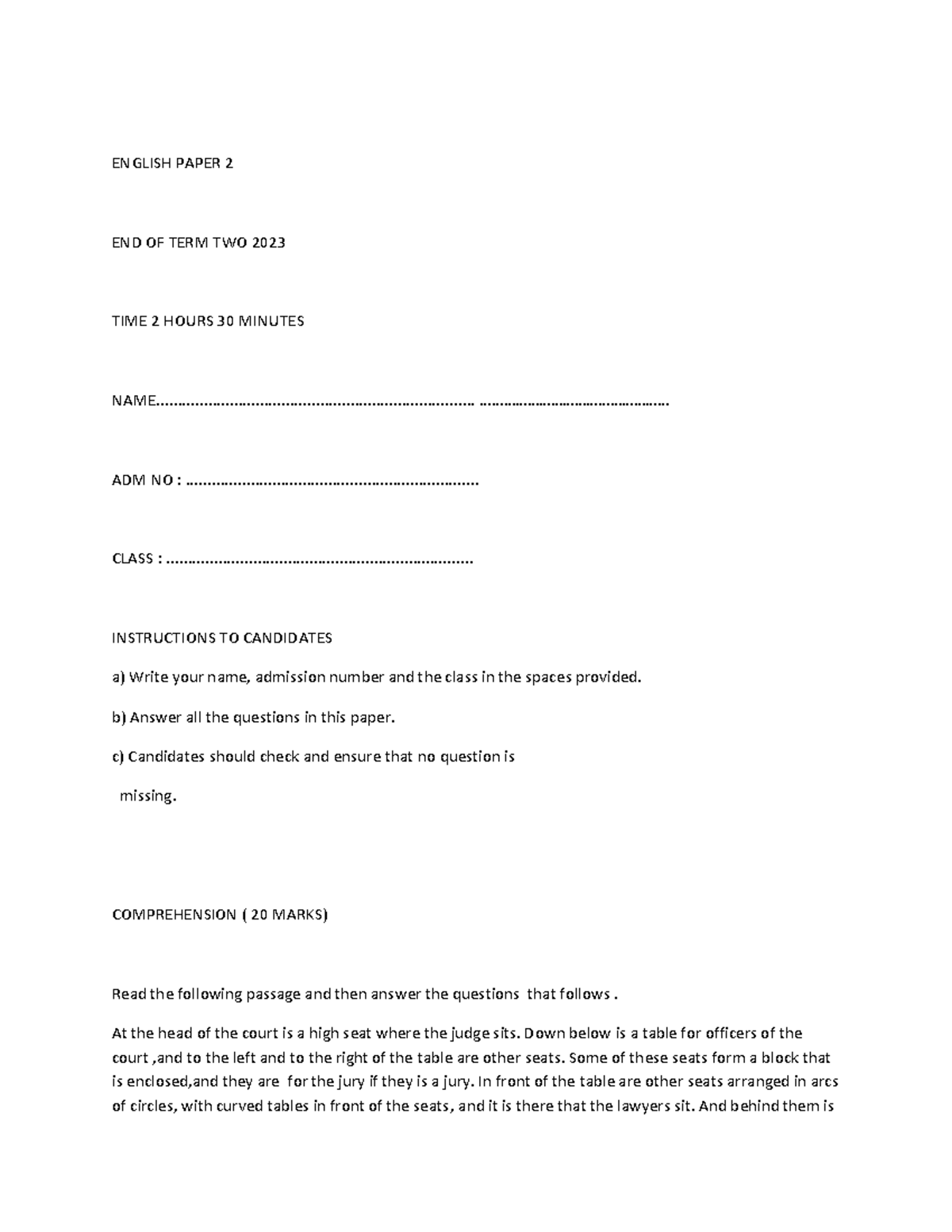 F3 ENG PP2 QS - FOR REVISION - ENGLISH PAPER 2 END OF TERM TWO 2023 ...