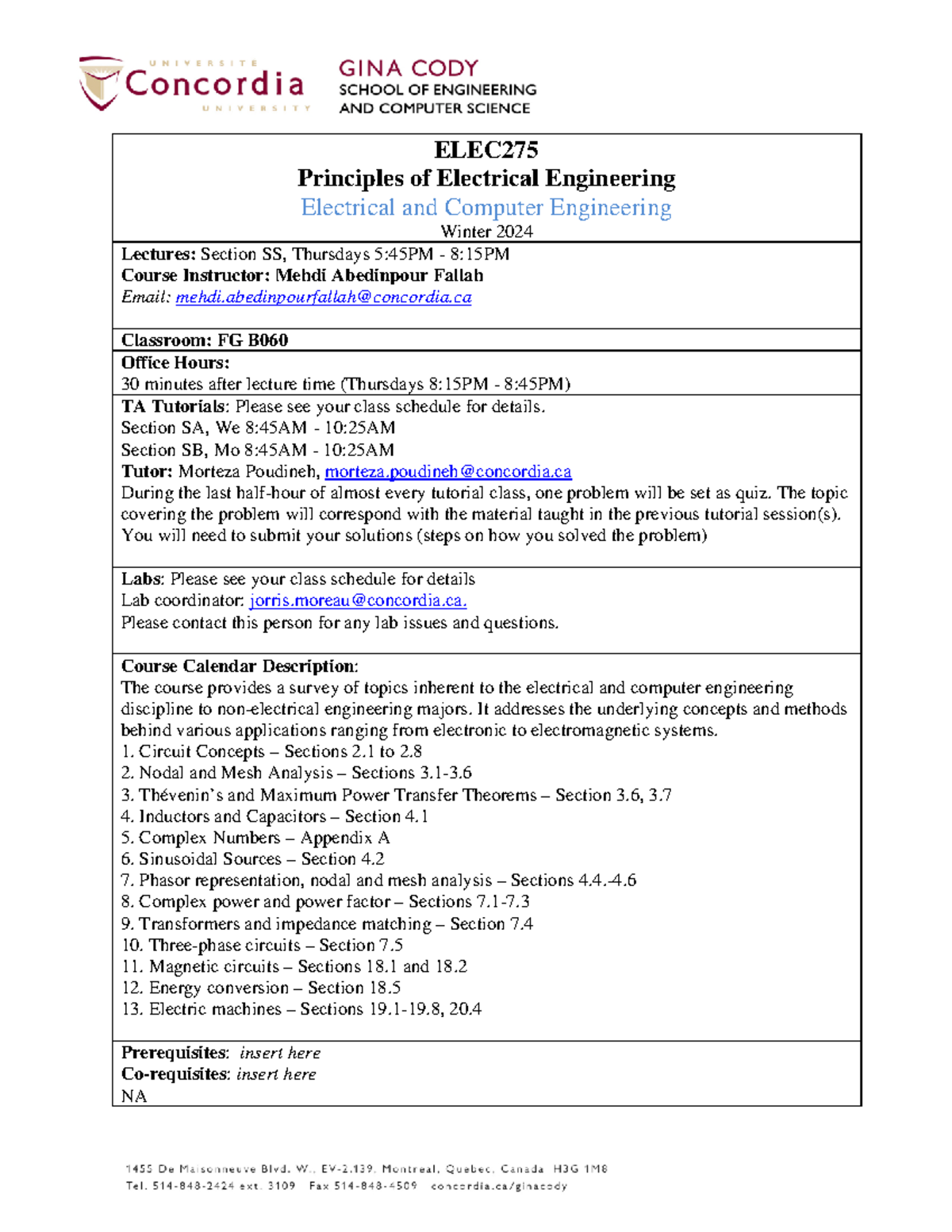 ELEC275-Winter 2024 Course Outline - ELEC Principles of Electrical ...