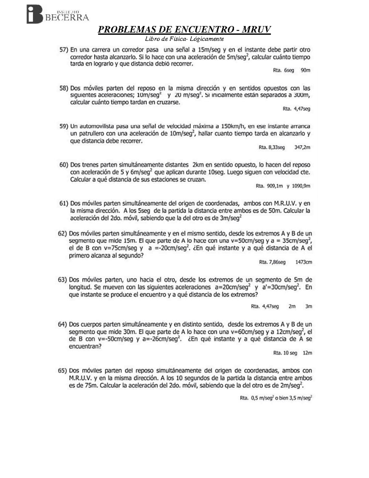 4. Problemas DE Encuentro - MRUV - Física I - PROBLEMAS DE ENCUENTRO - MRUV Libro de Física ...