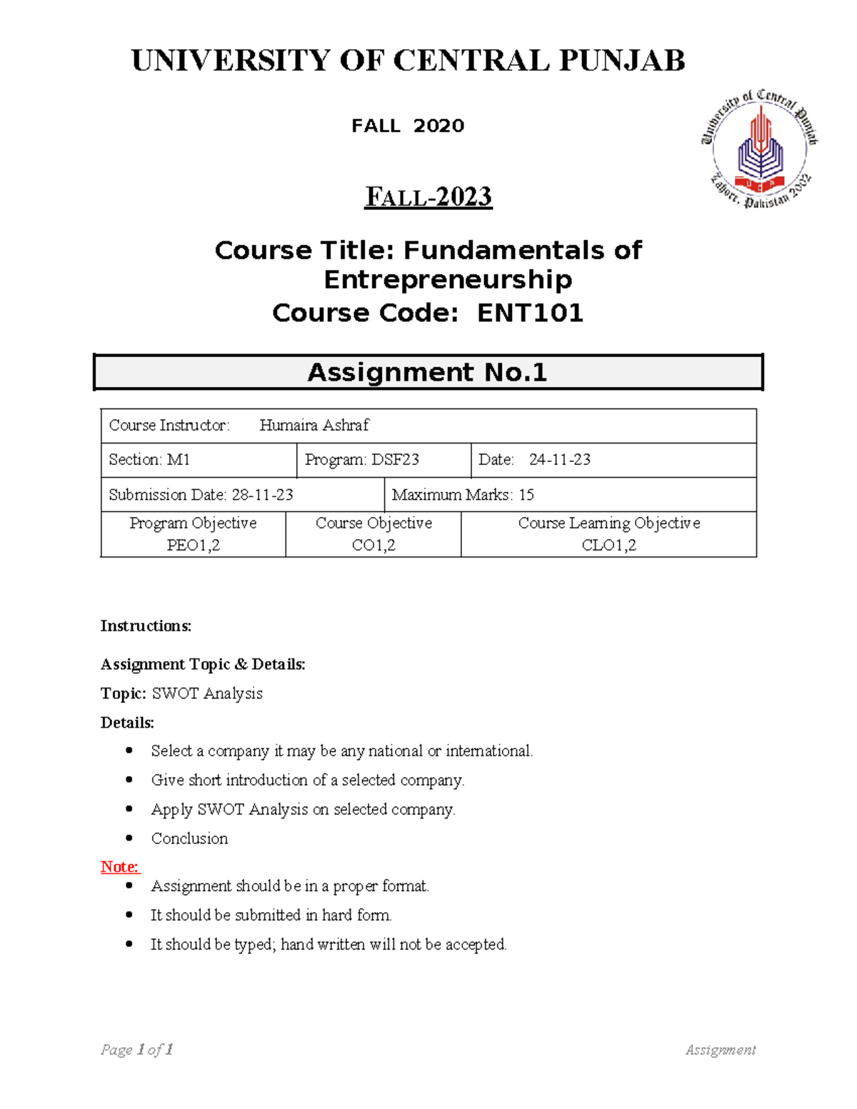 Assignment #1 - UNIVERSITY OF CENTRAL PUNJAB FALL 2020 FALL- Course Title: Fundamentals of - Studocu