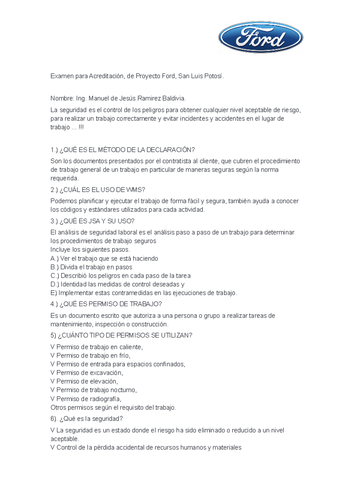 Examen FORD - trabajos varios - Examen para Acreditación, de Proyecto ...