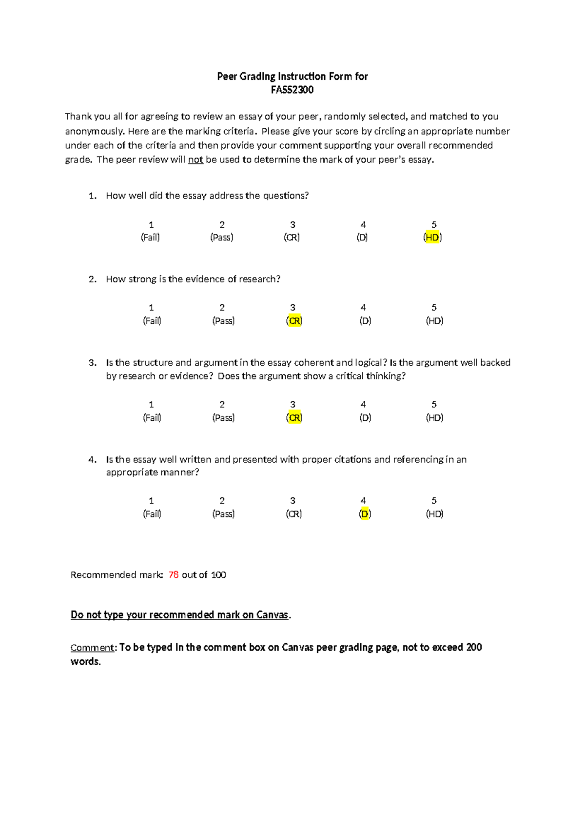 Peer grading form 2024 - useful - Peer Grading Instruction Form for ...