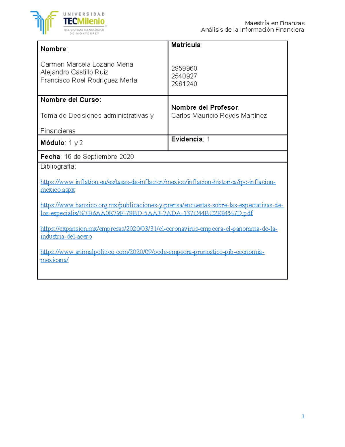 Evidencia 1 Tomas de decisiones administrativas y financieras - Análisis de la Información - Studocu