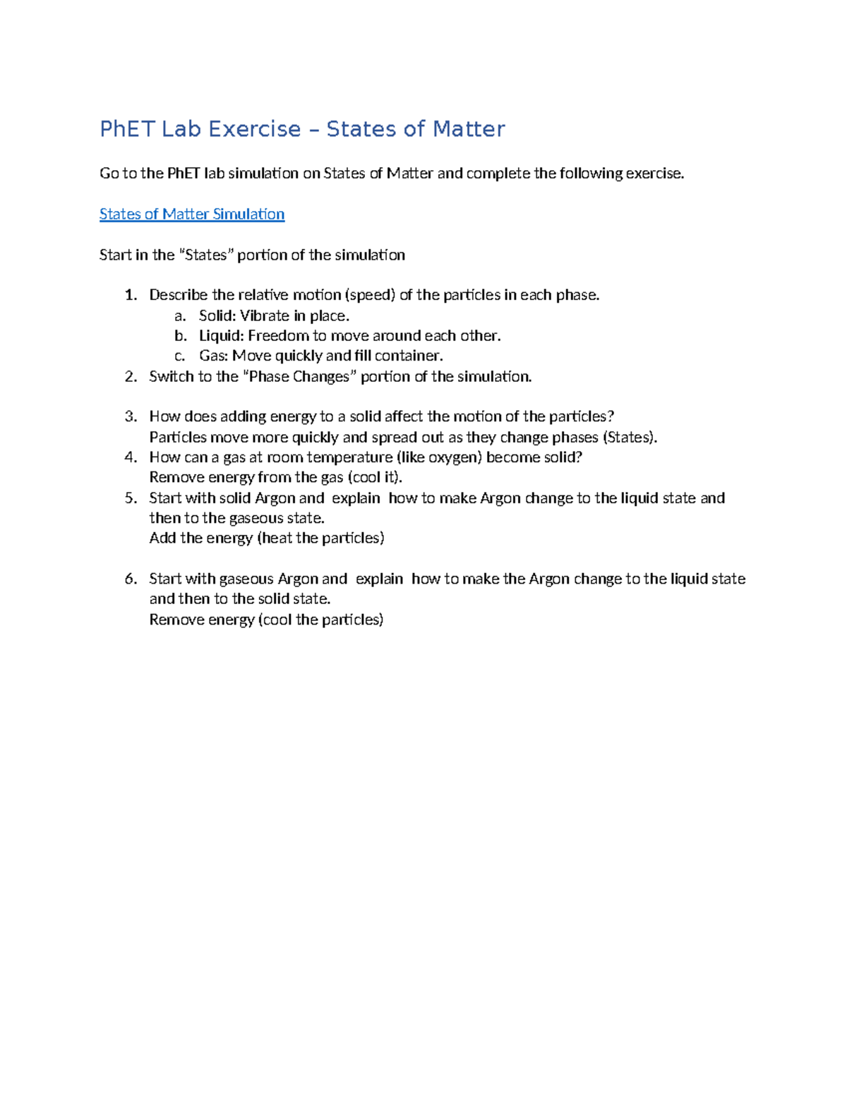 Phy2020 m6 Ph ET Lab Exercise - PhET Lab Exercise – States of Matter Go ...