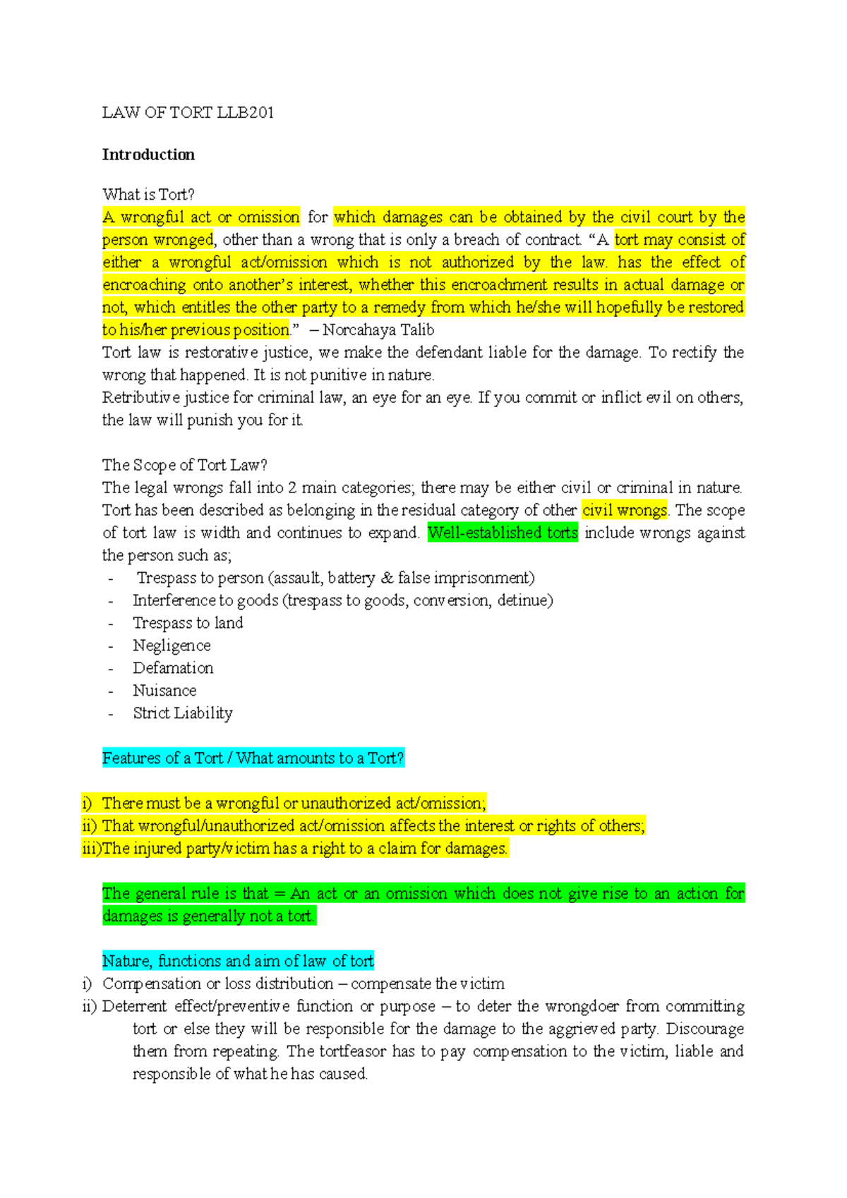 Notes LAW OF TORT LLB201 - LAW OF TORT LLB Introduction What is Tort? A ...
