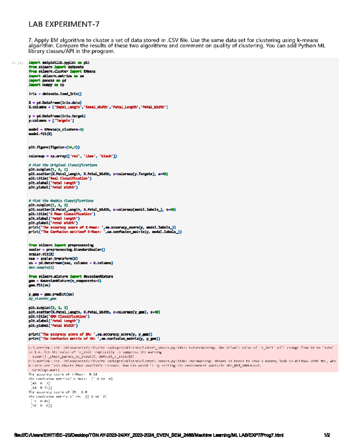 Exp7 Lab Lab 7 Apply Em Algorithm To Cluster A Set Of Data Stored In Csv File Use The