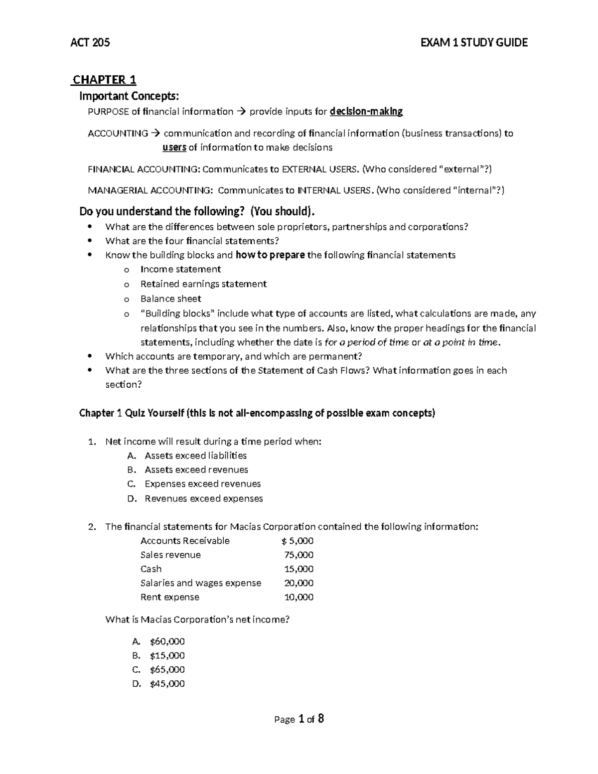 ACT 205 Exam 1 Study Guide notes with answer key and lots of study ...