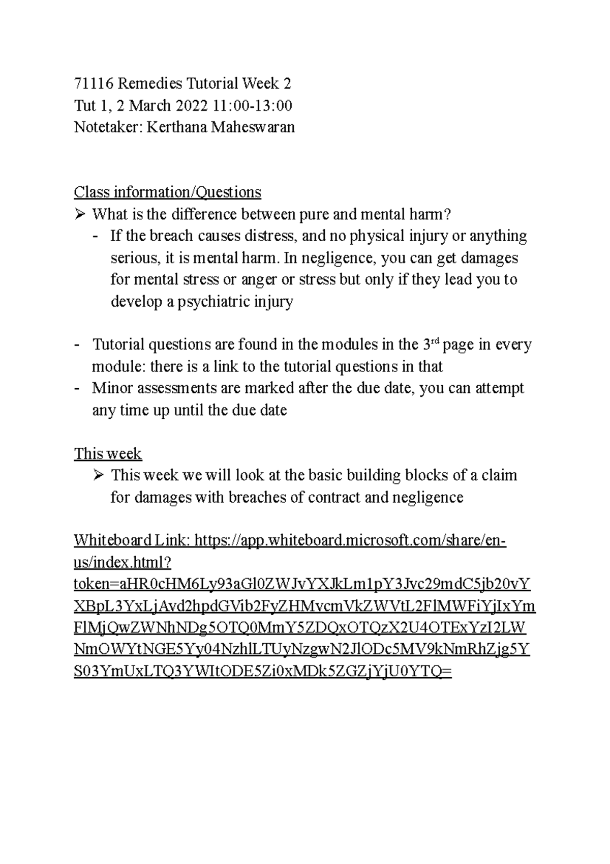 Remedies Tutorial Week 2 - In negligence, you can get damages for mental stress or anger or ...
